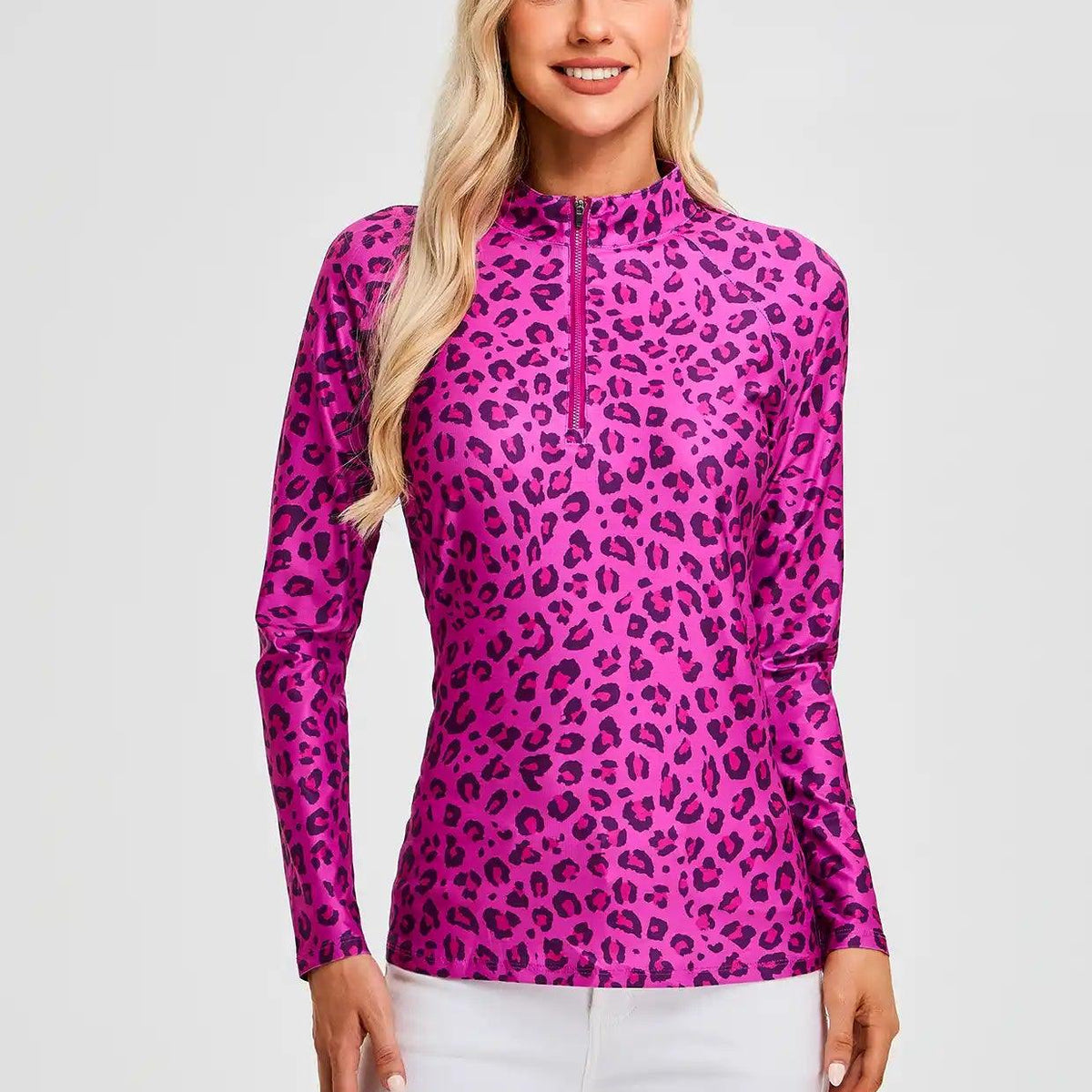 Purple Leopard Stand Collar Quarterzip Long Sleeve Golf Shirt for Women | Soneven