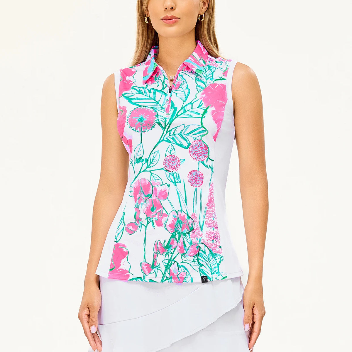 Pink Floral Quarter-zip Sleeveless Polo Shirts for Women | Soneven